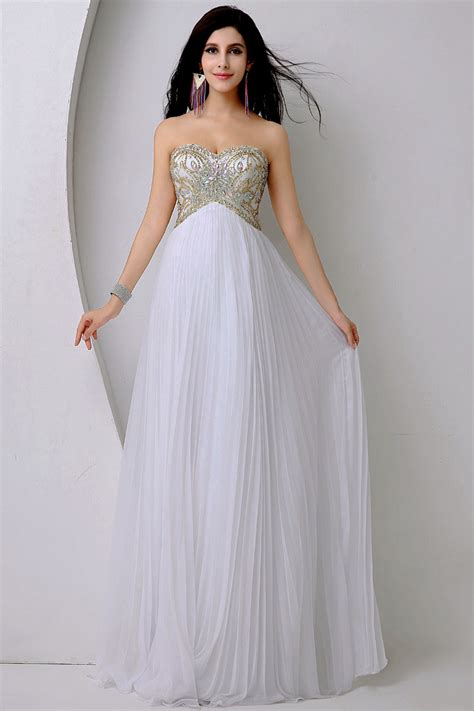 Robe soirée blanche empire bustier coeur embelli de strass jupe plissée