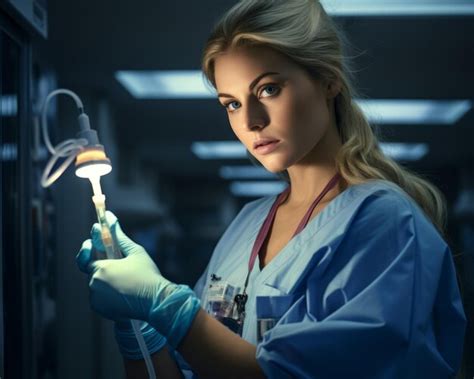 Premium Ai Image A Woman In Scrubs Holding A Light In Her Hand