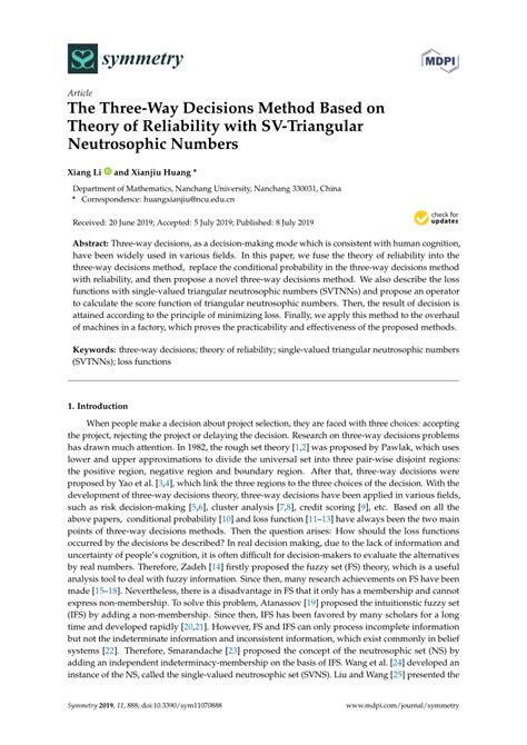pdf the three way decisions method based on theory of reliability with sv triangular