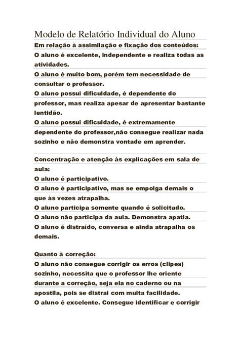 Modelo De Relat Rio Individual Do Aluno Docx Documento Pdf Modelo