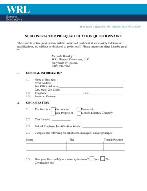 Fillable Online SUBCONTRACTOR PREQUALIFICATION STATEMENT Fax Email