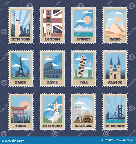 Set Of Travel Postage Stamps Cartoon Vector CartoonDealer 65197727