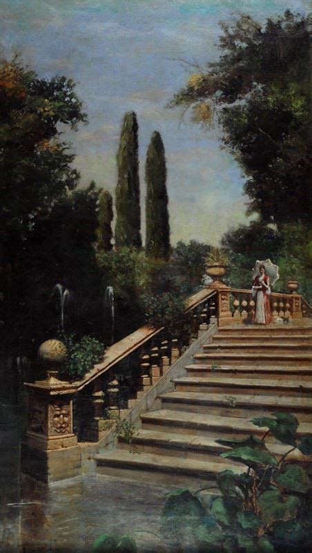 Filippo Carcano Scorcio Di Giardino Con Scalinata E Dama Olio Su