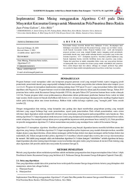 pdf implementasi data mining menggunakan algoritma c 45 pada data masyarakat kecamatan garoga