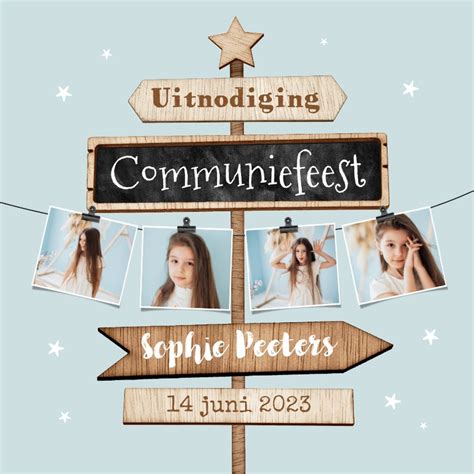 Communie Wegwijzers Uitnodiging Sterren Hout Kaartje2go