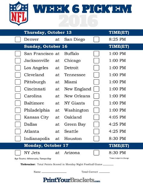 Nfl Weekly Pick Em Printable Sheet