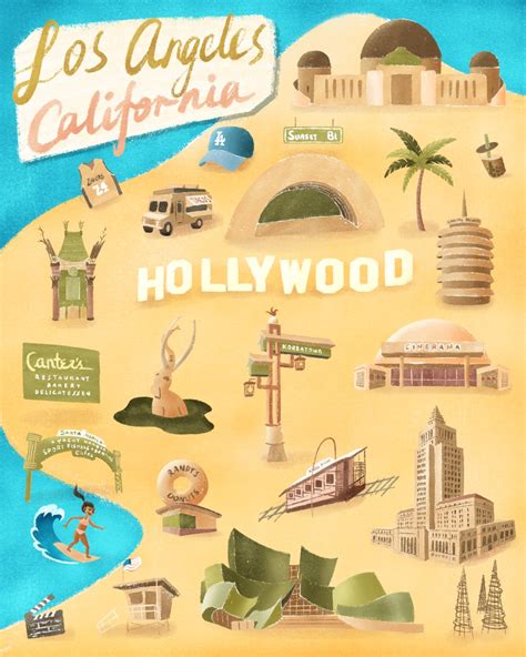 Illustrated Poster Of Los Angeles Landmarks Yi Ren Art Illustration