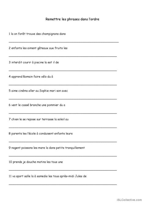 Remettre des phrases dans l ordre Français FLE fiches pedagogiques pdf