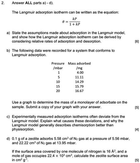 Answer All Parts A D The Langmuir Adsorption Isotherm Can Be Written As