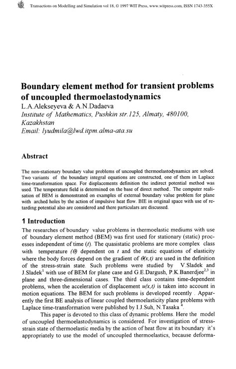 pdf boundary element method for transient problems of uncoupled thermoelastodynamics