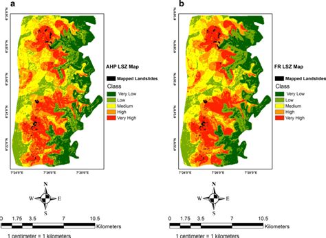 a b landslide susceptibility maps from the fr and ahp methods download scientific diagram