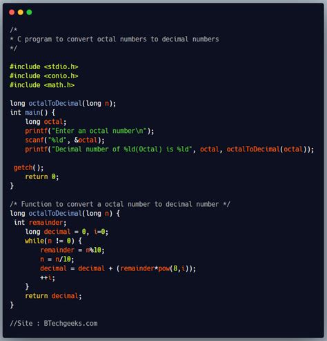 c program to convert decimal number to octal number using function btech geeks