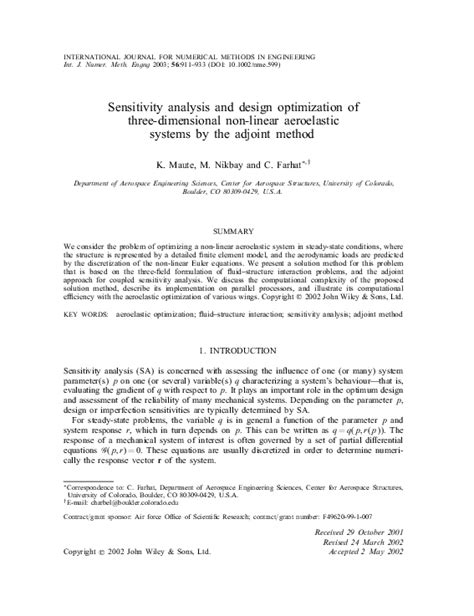 pdf sensitivity analysis and design optimization of three dimensional non linear aeroelastic