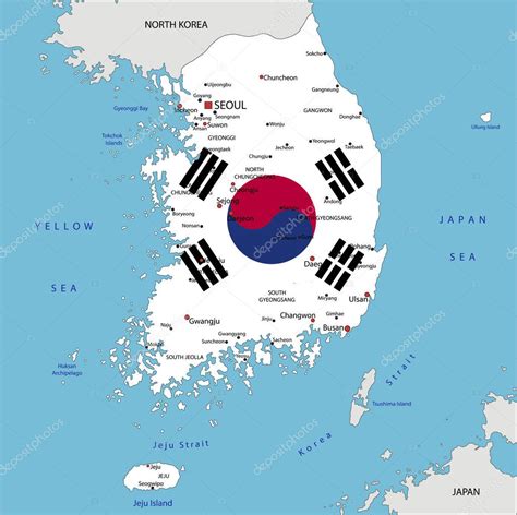 Corea Del Sur Mapa Político Altamente Detallado Con Bandera Nacional