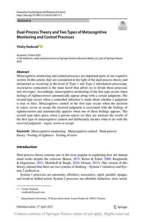 dual process theory and two types of metacognitive monitoring and control processes request pdf