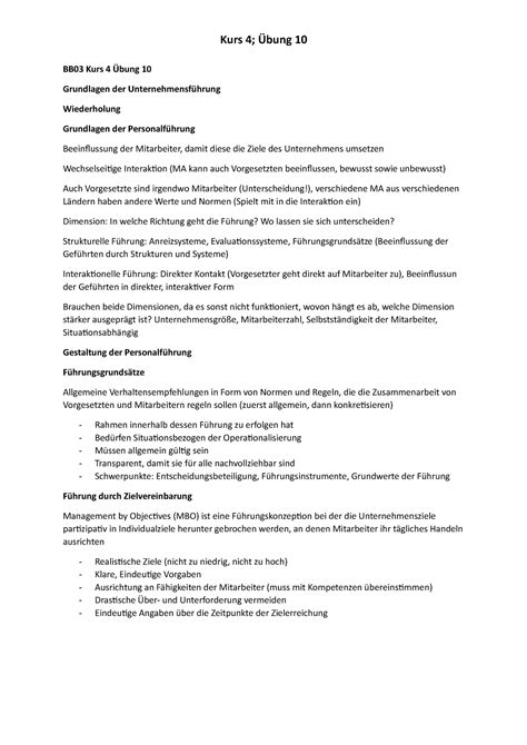 Zusammenfassung Kurs 4 Übung 10 BB03 Kurs 4 Übung 10 Grundlagen der