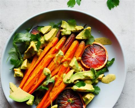 Salade de carottes rôties avocat et orange sanguine à la sauce tahini