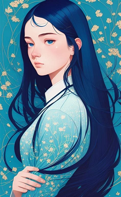 A Painting Of A Woman With Long Blue Hair And Flowers In Her Hair