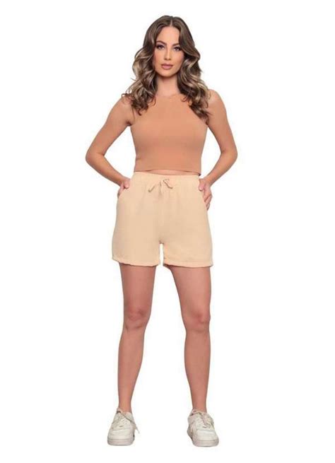 Shorts Feminino Duna Elástico na Cintura Mg0005 Bege Madame Geri