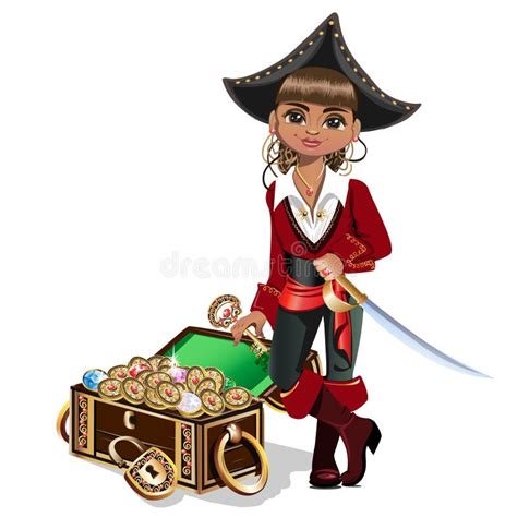 Girl Pirate With Treasure Chest Stock Vector Illustration Of Coin