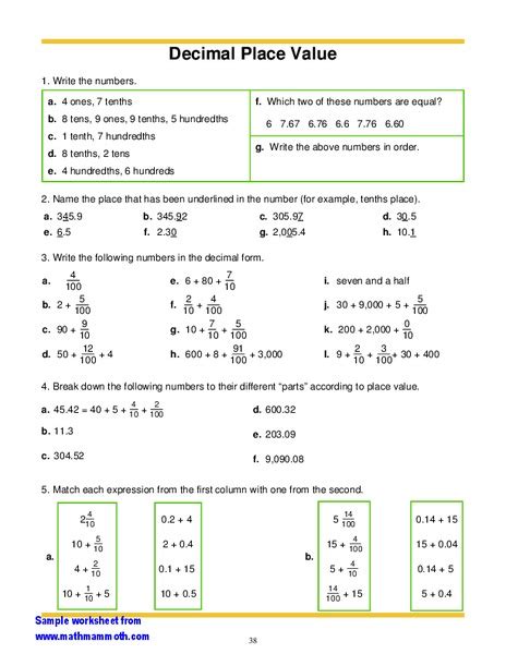decimal place value worksheet for 5th grade lesson planet