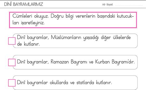 1 Sınıf Dinî Bayramlarımız Hayat Bilgisi Ödevi Morpa Kampüs