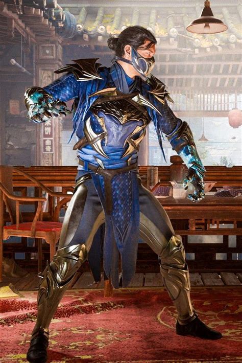 A Man In Armor Standing On Top Of A Red Carpet Next To A Wooden Table