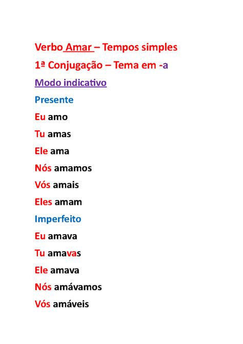 Conjuga O Verbo Amar Tempos Simples E Compostos Verbo Amar