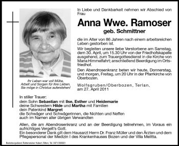 Traueranzeigen Von Anna Ramoser Trauer Bz