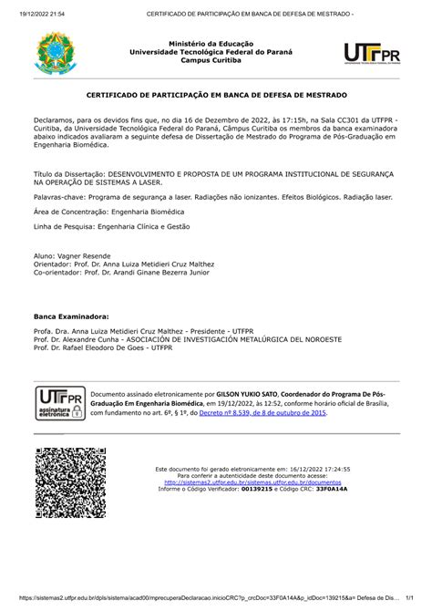 PDF Certificado de Participação em Banca de Defesa de Mestrado