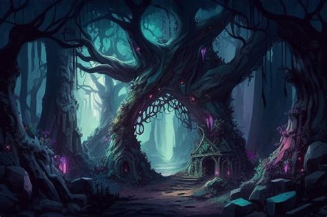 Un bosque oscuro con una casa en el medio y un árbol con luces moradas