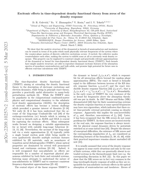 pdf excitonic effects in time dependent density functional theory from zeros of the density
