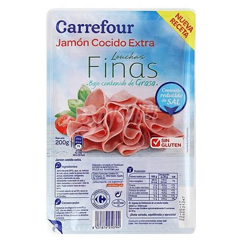 Carrefour Jamón cocido extra bajo en sal lonchas finas sin gluten 200 G