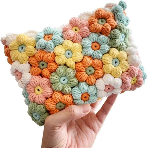 Crochet Puff Flower Crossbody Bag Handmade Floral Purse Crochet Floral