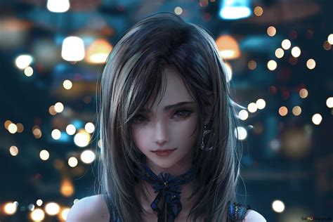 Beautiful Anime Woman With Long Hair In Front Of Blurry Lights 4K