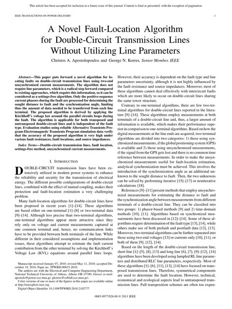 pdf a novel fault location algorithm for double circuit transmission lines without utilizing