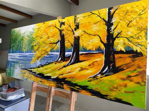 Quadros Pintura em Tela Paisagem Lago Ipê Amarelo Elo7
