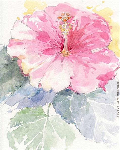 Pink Hibiscus Watercolor Painting Print 8x10 By HappyTreePress With