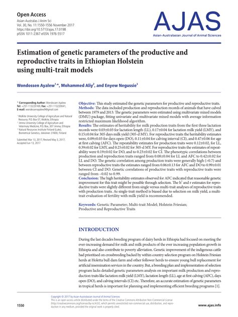 pdf estimation of genetic parameters of the productive and reproductive traits in ethiopian