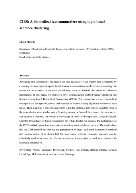 pdf cibs a biomedical text summarizer using topic based sentence clustering