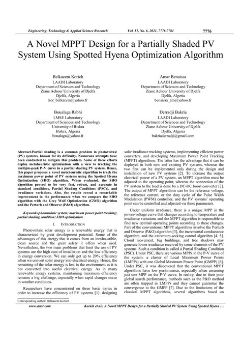 pdf a novel mppt design for a partially shaded pv system using spotted hyena optimization