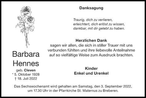 Traueranzeigen Von Barbara Hennes Aachen Gedenkt