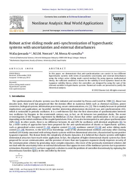 pdf robust global synchronization of a hyperchaotic system with wide parameter space via