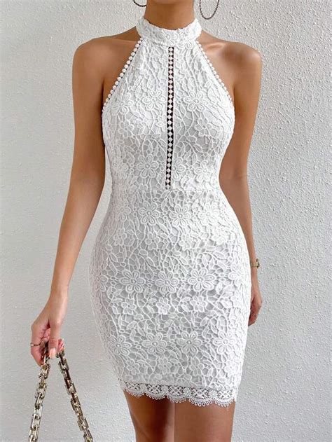 SHEIN Privé Guipure Lace Halter Neck Bodycon Dress SHEIN USA