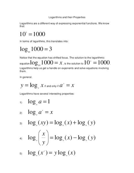 logarithms and their properties worksheet for 11th 12th grade lesson planet
