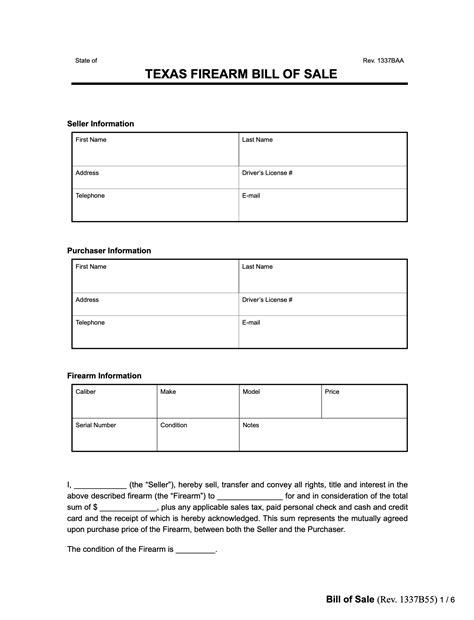 Free Texas Firearm Bill Of Sale Form PDF Word