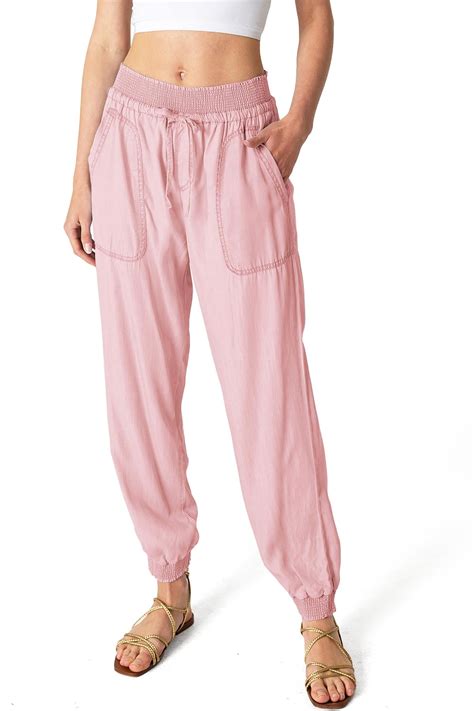 Love Tree Womens Juniors Smock Waist Light Tencel Jogger Pants Pink