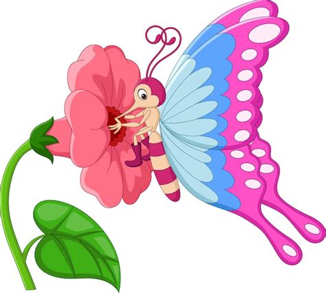 Mariposa De Dibujos Animados Con Flores Aisladas Vector Premium