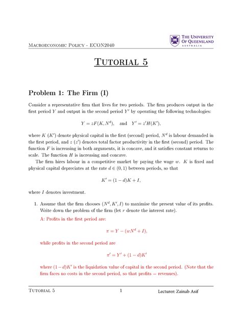 tutorial 5 week 6 solutions tutorial 5 problem 1 the firm i consider a representative rm