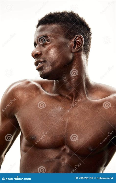 Strong Muscular Black Man With Naked Torso Bodybuilder Concept